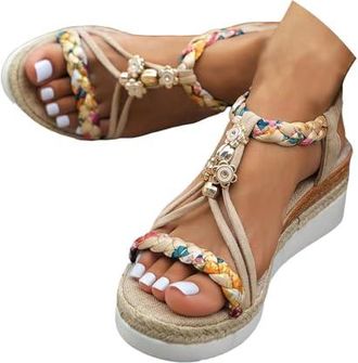 Generic Sandales compensées à large largeur pour femme, sandales dété habillées à bout ouvert et perles pour femme, chaussures de marche vintage antidérapante