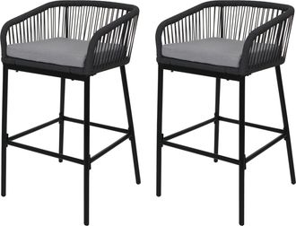 Mendler 2er-Set Rope-Barhocker HWC-O22, Tresenhocker, Outdoor Sitzpolster Seilgeflecht Metall - anthrazit, Kissen hellgrau