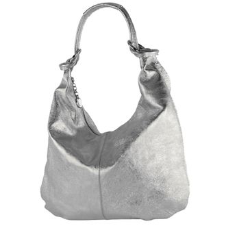 modamoda.de 337 Damen Leder Schultertasche Shopper Large handmade in Italy, Farbe:Silbergrau-Metallic