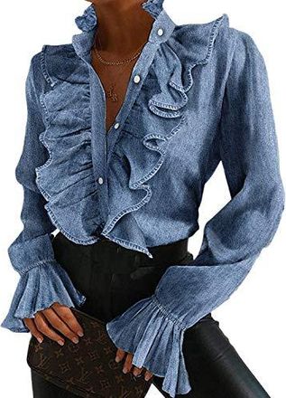 Onsoyours Femme Chemisier Chic Tops Sexy Blouse T-Shirt Brillant Haut Femme Shirt Manches Longues D Bleu L