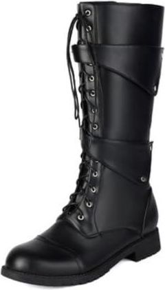 Generic Bottes Combat Hautes À Lacets Femme avec Brides À Boucle Bout Rond Talons Bas Dessus en Cuir PU Durable À Enfiler Chaussures Décontractées Extérieures