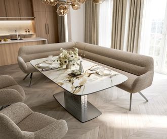 DELIFE Esszimmerbank Taya-Flex 285x190 cm Boucl&eacute; Schlamm Kreuzgestell kantig Graphit Taschenfederkern Rechts, B&auml;nke