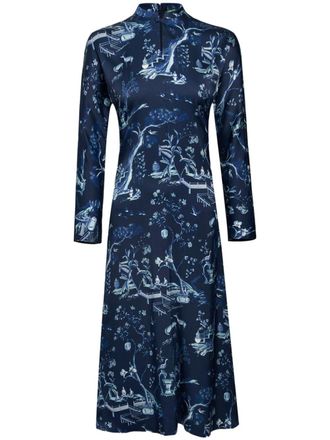 Shanghai Tang robe mi-longue en soie &agrave; manches longues - Bleu