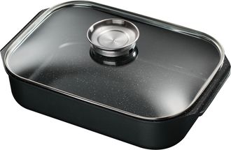 King King Aluguss Br&auml;ter schwarz mit Glasdeckel, ca. 40 x 26 cm, Br&auml;ter mit Aromaknopf und Fusion Beschichtung