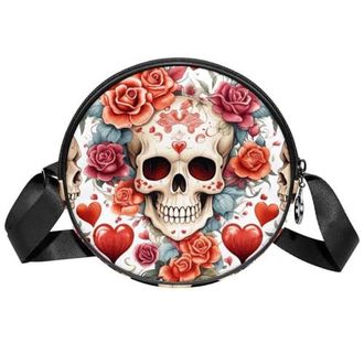 Generic Petit sac &agrave; bandouli&egrave;re circulaire pour femme, motif cr&acirc;nes, fleurs, petit sac &agrave; bandouli&egrave;re avec fermeture &eacute;clair, bretelles r&eacute;glables, sac &agrave; main ro