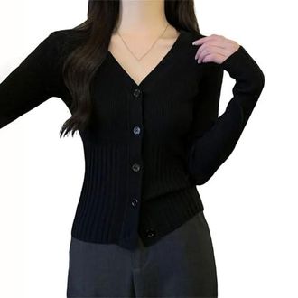 Generic Cardigan en tricot pour femme - Cardigan court &agrave; manches longues et col en V - Veste chic cor&eacute;enne, Noir/blanc, XS
