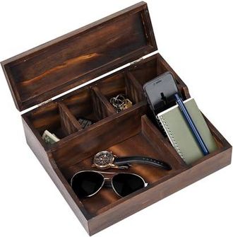 Mind Reader Bali Collection, 7-Compartment Valet Tray with Hinged Lid for Cell Phone, Watches, Jewelry and Accessories, 10 L x 12 W x 4 H, Brown