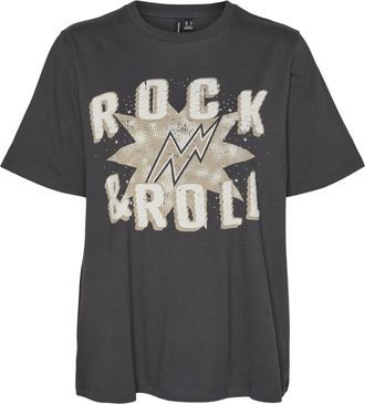 Vero Moda Damen Vmboda Caty Ss Top Box JRS Ga T-Shirt, Asphalt/Print:Rock & roll, Large