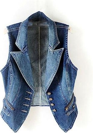 Generic Casual Femmes Tops Femmes Denim Gilet Veste Printemps Automne Vêtements Sans Manches Court Jeans Gilets Simple Boutonnage, bleu, Medium
