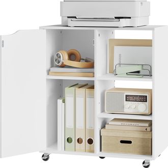 Woltu Aktenschrank mit Rollen, Druckertisch mit 3 offenen F&auml;chern, 1 T&uuml;r, verstellbaren Ablagen, f&uuml;r Zuhause und B&uuml;ro, 60x70x35 cm, Wei&szlig;