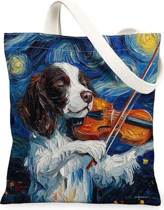 Generic Sac fourre-tout en toile motif &eacute;pagneul Springer pour faire du shopping, 33 x 38,1 cm, motif violon &eacute;toil&eacute;, sac &agrave; bandouli&egrave;re r&eacute;utilisable pour femme,