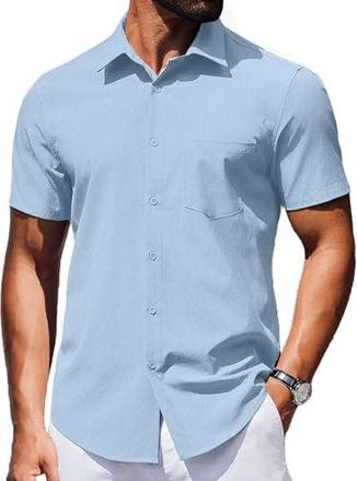 Coofandy Chemise Hommes Manches Courtes Loisirs dété Button Down Chemise Casual avec Structure en Lin Regular Fit Bleu Clair XL