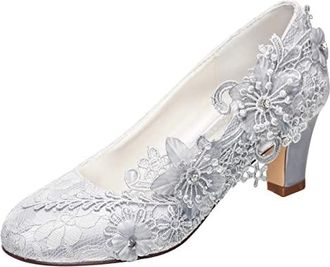 Emily Bridalwear Chaussures de mariée Femmes Soie comme du Satin Talon bottier Escarpins avec Couture Dentelle Une Fleur Cristal Pearl (EU38, Argent)