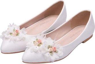 BESTONZON Chaussures de Mariage pour Femme &agrave; Bout Ouvert avec Noeud Paillettes Cuir Plates &agrave; Fleurs Dentelle