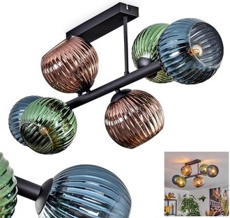HOFSTEIN Deckenleuchte Koyoto, 6-flammige Deckenlampe aus Metall/Riffelglas in Schwarz/Blau/Gr&uuml;n/Kupfer, Leuchte im Vintage-Design (Schirme &Oslash; 15 cm), E14, Essz