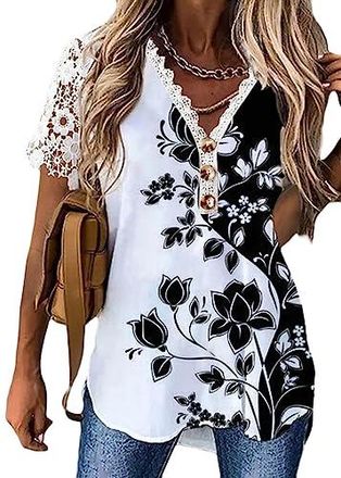 Onsoyours Chemisier Femme Col V Floral Imprimé Blouse Élégant Dentelle Haut Manches Courtes Boutons Tunique Ample Fluide Eté Plage T-Shirt Chemise Tops Décontra