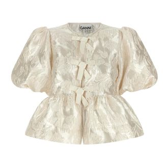 Ganni Femme, Blouses et Chemises, Beige, Taille: 42 FR Chemisier P&eacute;plum Satin&eacute; &agrave; Nouer