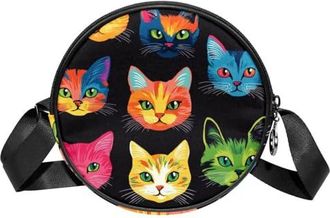 Generic Sac &agrave; bandouli&egrave;re rond pour femme, motif chat color&eacute;, petit sac &agrave; bandouli&egrave;re avec fermeture &eacute;clair, bretelles r&eacute;glables, sac &agrave; main rond d&eacute;contract&eacute; 