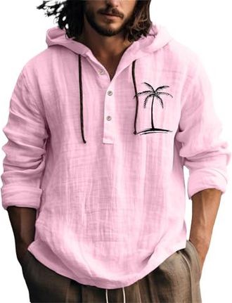 Generic Chemise en lin pour homme - Coton et lin - Sweat &agrave; capuche - Boutonni&egrave;re - Manches longues - Avec capuche - Chemise d&eacute;t&eacute; confortable - Chemise de lois