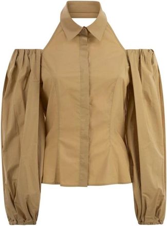MVP Wardrobe Femme, Blouses et Chemises, Beige, Taille: 34 FR Haut Asym&eacute;trique &agrave; &Eacute;paules D&eacute;nud&eacute;es et Manches Bouffantes