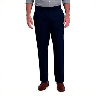 Haggar Herren Bügelfreie Premium-Freizeithose in Khaki, Klassische Passform, Flache Vorderseite, Erweiterbare Taille, Normale Größen Hose, Dunkles Marineblau
