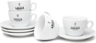 Gaggia Cappuccino Kaffeetassen und Untertassen, Set mit 4 Keramik-Kaffeetassen und Untertassen, Weiß