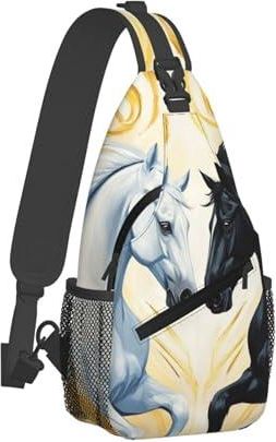 Generic Polyester Sacoche Homme Bandouliere Peinture de cheval or, noir et blanc Sacs &agrave; Bandouli&egrave;re Casual Sac DEpaule pour &eacute;cole Camping Homme