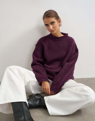 Topshop grob gestrickter Pullover aus Wollmix mit Rollkante in Maulbeere-Lila
