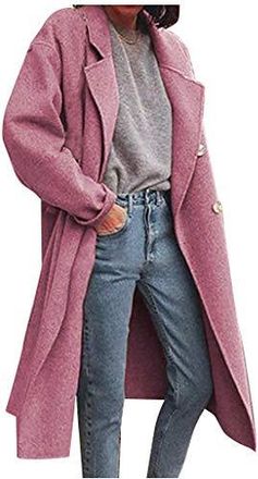 Generic 2026 Vestes pour femmes Mode Femmes Solide Trench Coat Coupe-vent Veste Double Boutonnage, rose, S