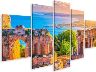 Islandburner Bild Bilder auf Leinwand Die Ruinen des Taormina Theaters bei Sonnenuntergang. Schönes Reisefoto, buntes Bild von Sizilien. Wandbild Poster Leinwandbi