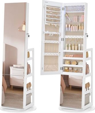 Songmics Armoire à Bijoux, Rangement à Bijoux, Miroir Intégral, 4 Étagères de Rangement, Éclairage Intégré, Rotation à 360°, pour Chambre, Dressing ou Entrée