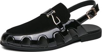 Generic Sandales plates en cuir pour homme - Bout ferm&eacute; - Chaussures romaines confortables avec boucle - Chaussures d&eacute;t&eacute;, Noir, 39 1/3 EU