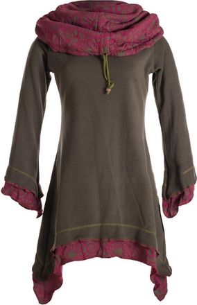 vishes Alternative Bekleidung - Lagenlook Zipfelkleid aus Eco Fleece mit Langen &Auml;rmeln und gro&szlig;em Kapuzenschalkragen Olive 36