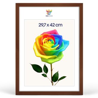 MG Design Bilderrahmen A3 29,7 x 42 cm - Posterrahmen mit Braun Holzrahmen (Echtholz) und bruchsicherem Acrylglas, Hoch & Quer mit stabiler Wandaufh&auml;ngung
