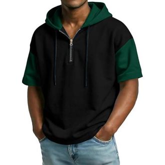 Generic DENGJIAMY Sweat &agrave; capuche classique &agrave; manches courtes pour homme, grande taille, motif patchwork, fermeture &eacute;clair 1/4, Vert, 4XL