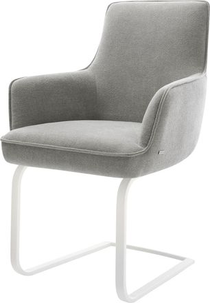 DELIFE Schwingstuhl Heira-Flex mit Armlehnen Freischwinger flach Wei&szlig; Strukturstoff Soft Grau Taschenfederkern