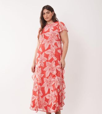 New Look Plus New Look Curve - Robe mi-longue en mousseline &agrave; fleurs avec godets - Rose