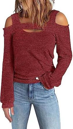 Generic Chemisier uni à manches longues pour femme, tendance, décontracté, couleur unie, épaules dénudées, t-shirt ample à manches longues, vêtements pour la 