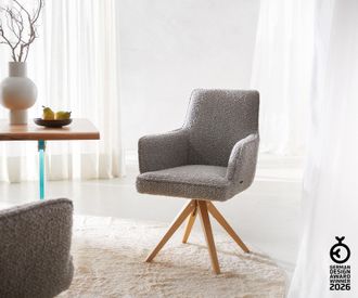 DELIFE Drehstuhl Heira-Flex mit Armlehnen Boucl&eacute; Silbergrau Holzgestell kantig Natur 180&deg; drehbar Taschenfederkern, Esszimmerst&uuml;hle