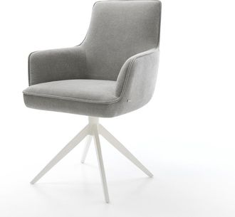 DELIFE Drehstuhl Heira-Flex mit Armlehnen Strukturstoff Soft Grau Kreuzgestell breit Wei&szlig; 360&deg; drehbar Wippfunktion Taschenfederkern, Esszimmerst&uuml;hle