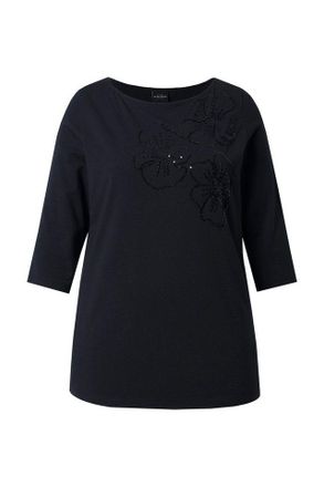 Ulla Popken T-Shirt Shirt Bl&uuml;ten Zierperlen U-Boot-Ausschnitt 3/4-Arm