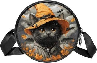 Generic Sac &agrave; bandouli&egrave;re circulaire pour femme, chapeau de sorci&egrave;re, chat noir, petit sac &agrave; bandouli&egrave;re avec fermeture &eacute;clair, bretelles r&eacute;glables, sac &agrave; mai
