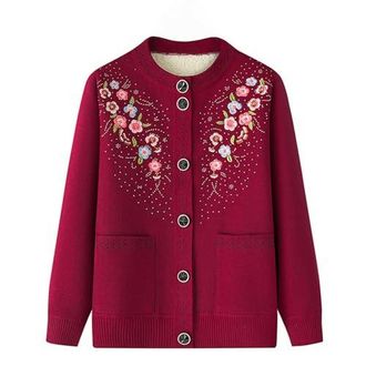 Generic Pull &agrave; revers brod&eacute; pour personnes &acirc;g&eacute;es, cardigan ample en velours tricot&eacute; &agrave; col rond, pulls &agrave; manches longues, v&ecirc;tements dautomne et dhiver, Rouge, 