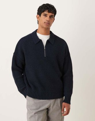 Asos Kastiger Oversize-Strickpullover aus schwerem Wollmix in Marineblau mit kurzem Reißverschluss