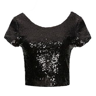 Generic Femmes scintillantes Femmes Tops Paillettes D&eacute;contract&eacute; Col Rond Crop Tops Couleur Unie T-shirts De Danse &agrave; Manches Courtes L&eacute;ger Pour Sortir Des T-sh