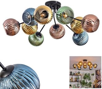 HOFSTEIN Deckenleuchte Koyoto, 10-flammige Deckenlampe aus Metall/Riffelglas in Schwarz/Blau/Gr&uuml;n/Kupfer/Gold, Leuchte im Vintage-Design (Schirme &Oslash; 15 cm), E14