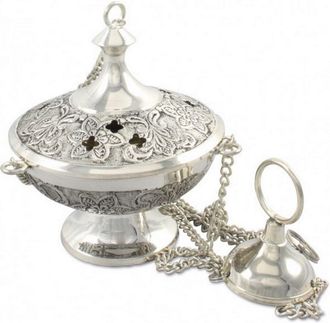 MaMeMi WEIHRAUCHFASS ANTIK Stil aus versilbertem Messing ca. 10 cm mit 25 cm Kette, edles R&Auml;UCHERGEF&Auml;SS aus INDISCHER Handarbeit - MaMeMi Religious Collectio