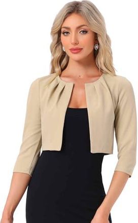 Allegra K Bol&eacute;ro en Mousseline Femme Blazer Court de Bureau &agrave; Haussement d&Eacute;paules et &agrave; Manches 3/4 Cardigan L&eacute;ger Court Pliss&eacute; sans Col Kaki S