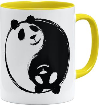 OM3 Yin und Yang Tasse mit Panda Bär - Keramik Becher - 11oz 325ml - Beidseitig Bedruckt - Gelb