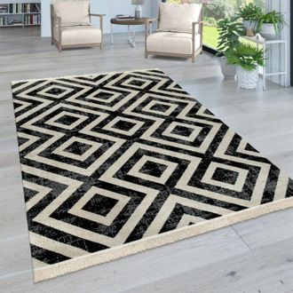 Paco Home Paco Home - Moderner Outdoor Teppich Rauten-Muster Vintage-Look Flachgewebe Wetterfest 200 cm Rund, Schwarz Weiß